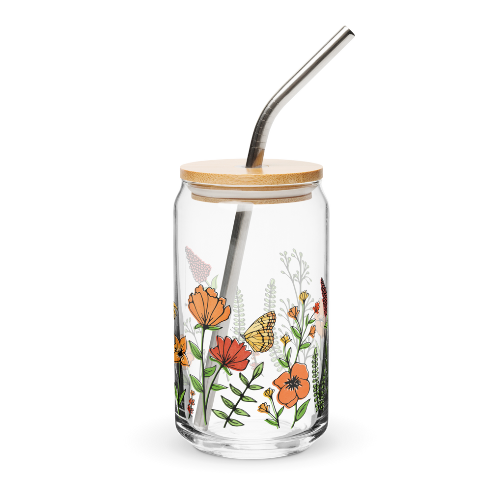 Floral Print Can-Shaped Glass with Reusable Lid & Straw – Garden Gate